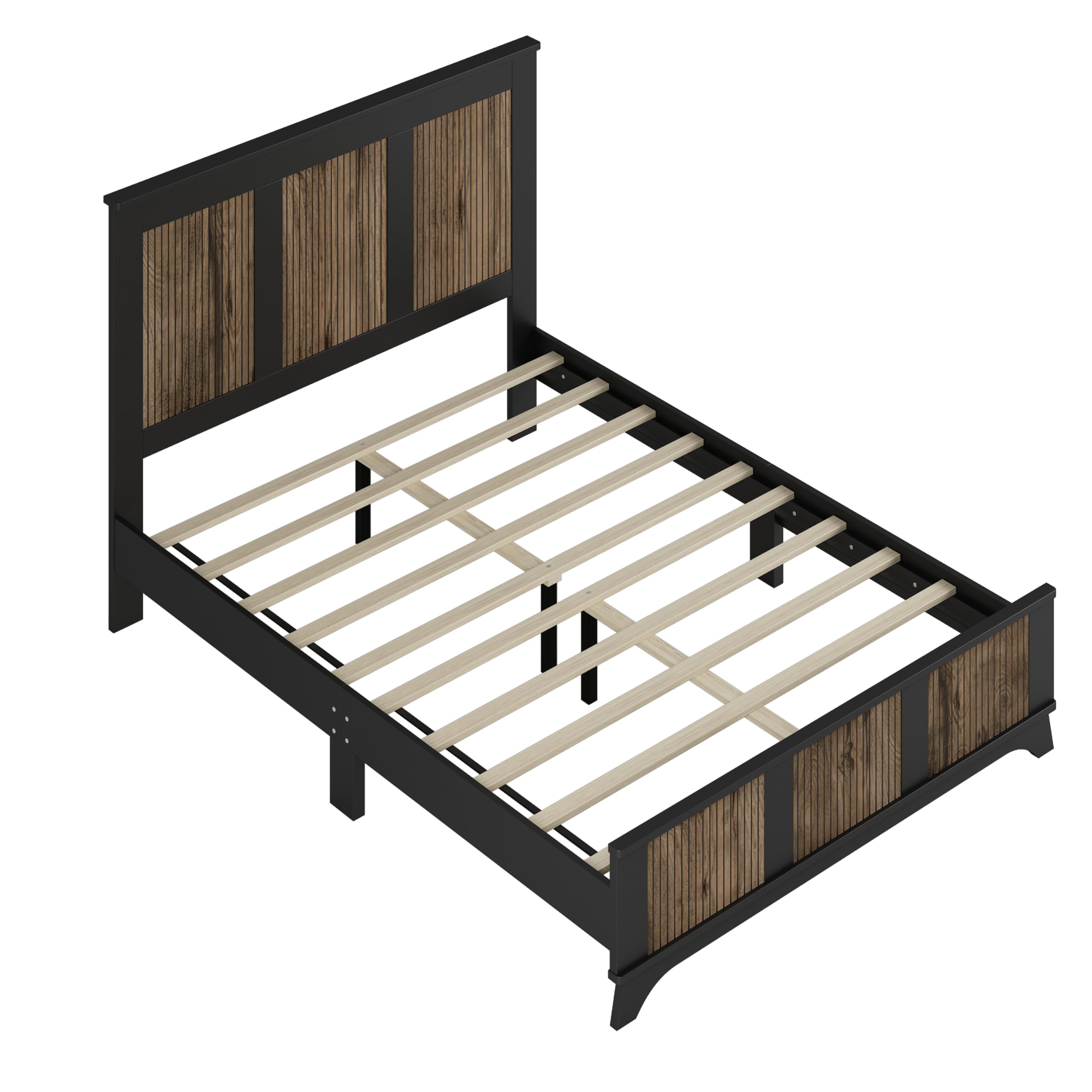 DEYOBED 4-Piece Bedroom Set, Queen Size Charming Farmhouse Platform Bed with Wooden Strip Accents, 2 Nightstands with Storage, Dresser with Metal Handles and Drawers, Queen, Black