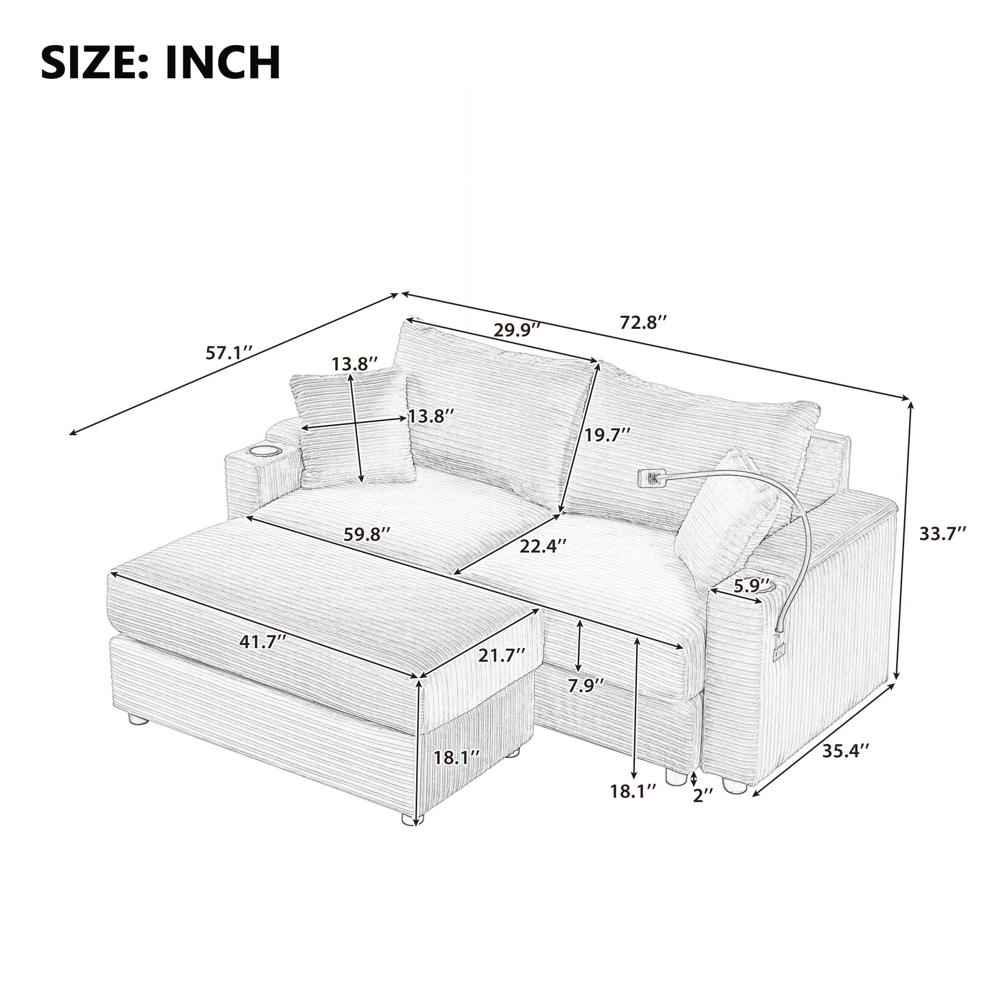 72.8" Corduroy Loveseat Sofa with Ottoman, Two USB Ports & Cup Holders, Small Couch with A Phone Holder for Living Room Bedroom Office Gray