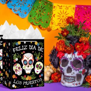 JUESMOS Day of The Dead Gift Bags with Tissue Paper Halloween Treat Bags Sugar Skull Day of The Dead Party Paper Bags Goodie Bags for Day of The Dead Party Favors Decorations Mexican Fiesta Supplies