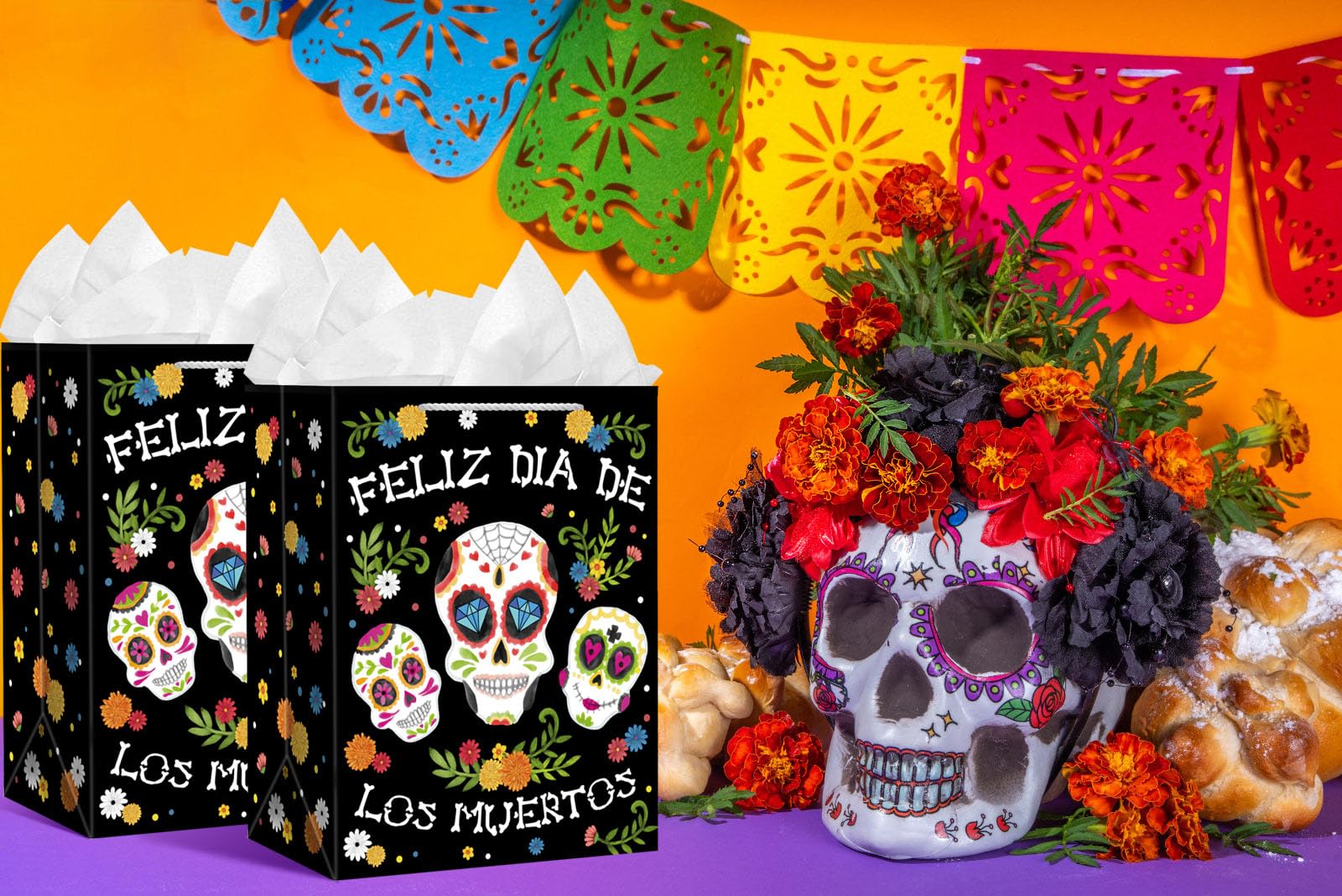 JUESMOS Day of The Dead Gift Bags with Tissue Paper Halloween Treat Bags Sugar Skull Day of The Dead Party Paper Bags Goodie Bags for Day of The Dead Party Favors Decorations Mexican Fiesta Supplies