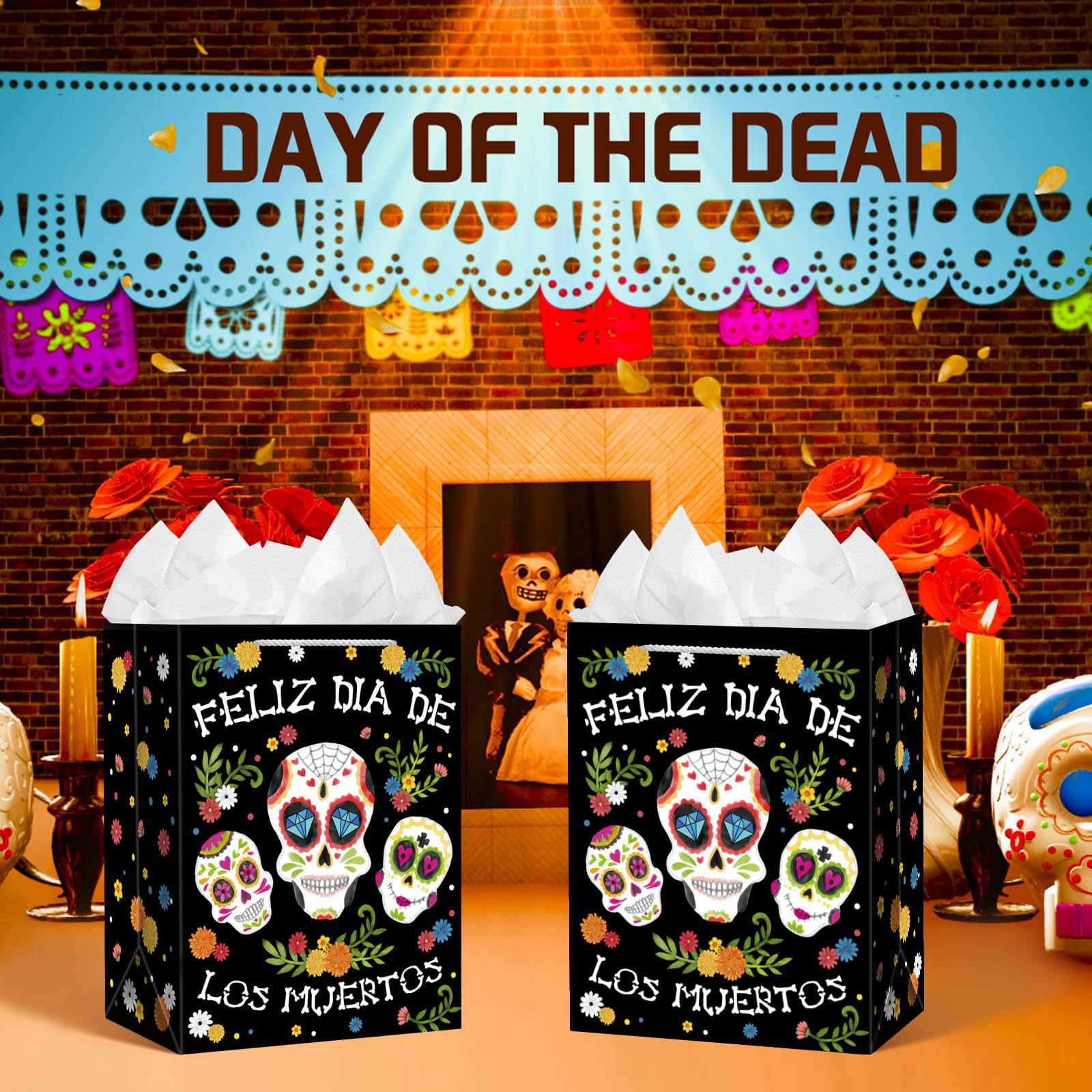 JUESMOS Day of The Dead Gift Bags with Tissue Paper Halloween Treat Bags Sugar Skull Day of The Dead Party Paper Bags Goodie Bags for Day of The Dead Party Favors Decorations Mexican Fiesta Supplies