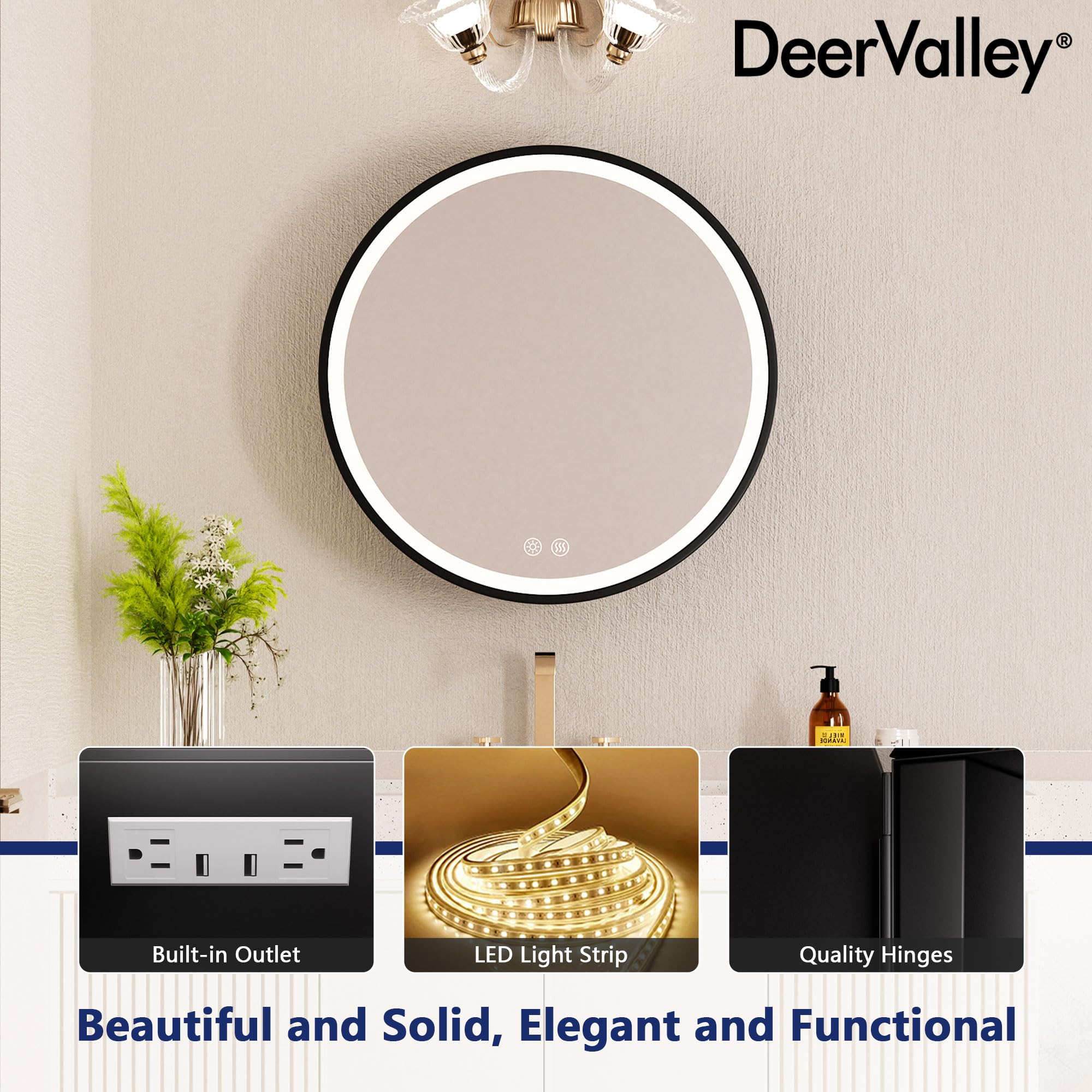 Deer Valley 24'' Round Medicine Cabinet with Mirror and Lights, Led Medicine Cabinet Mirror for Bathroom with Defogger, Metal Framed Electrical Outlet, Stepless Dimmable, Wall Mounted Medicine Cabinet