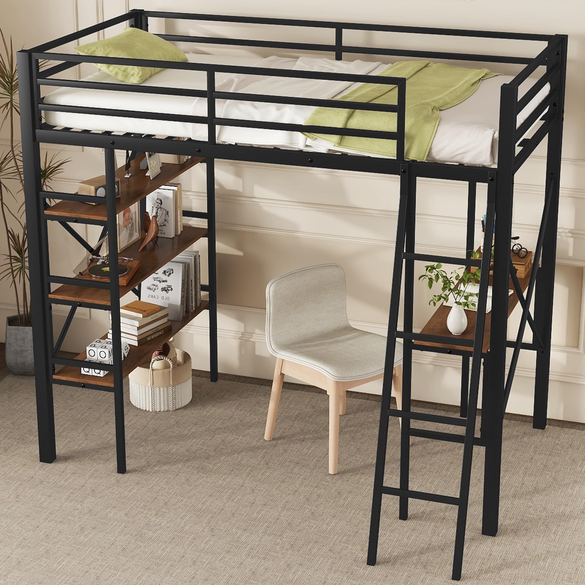 Metal Loft Bed Twin Size, Twin Loft Bed with Desk and Storage Shelves, Twin Size Loft Bed with Guardrail and Ladder, Heavy Duty Loft Bed for Kids, Teens (Twin Black)