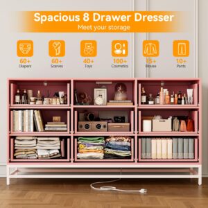 GarveeHome Pink Dresser for Bedroom with 8 Deep Drawer, 59" TV Dresser Wooden Large Long Dresser with Power Outlet and LED Lights, Modern Chest of Drawers Storage Organizer for Living Room, Hallway