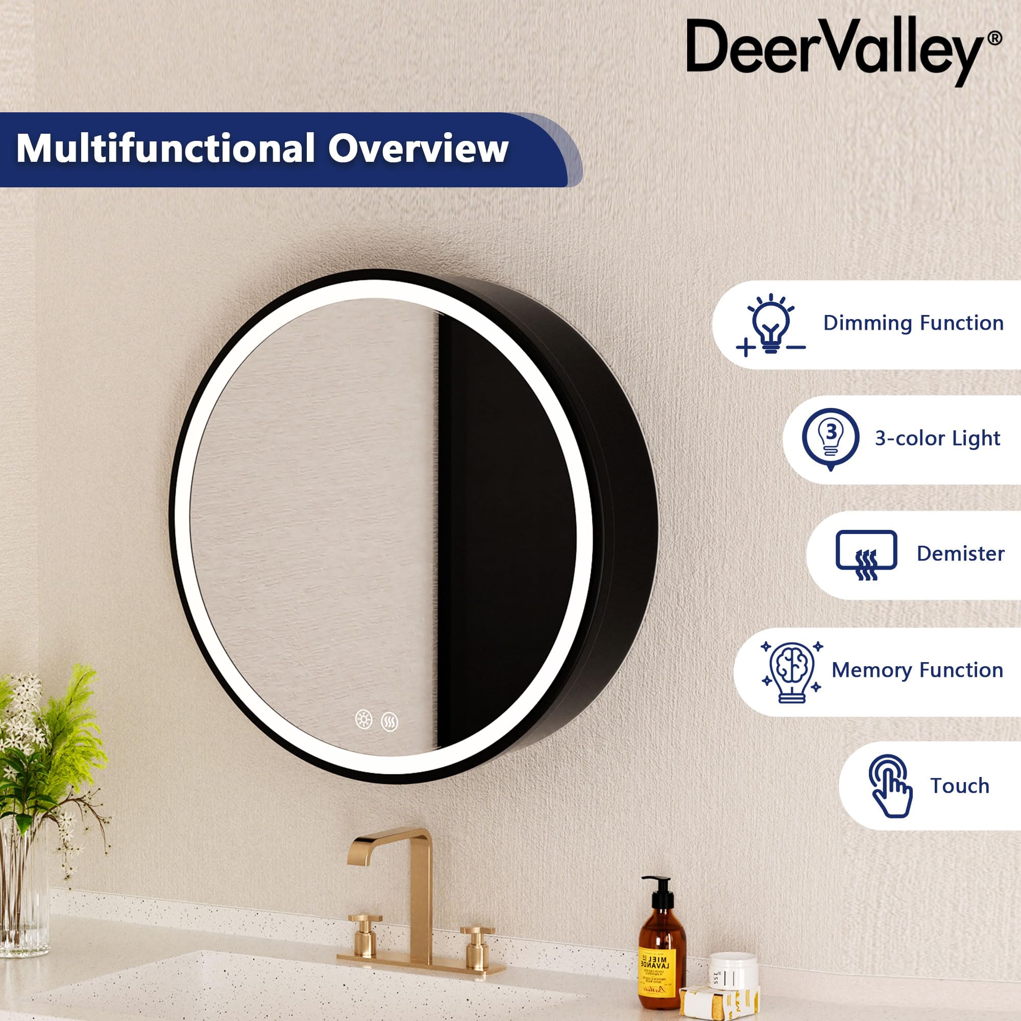 Deer Valley 24'' Round Medicine Cabinet with Mirror and Lights, Led Medicine Cabinet Mirror for Bathroom with Defogger, Metal Framed Electrical Outlet, Stepless Dimmable, Wall Mounted Medicine Cabinet