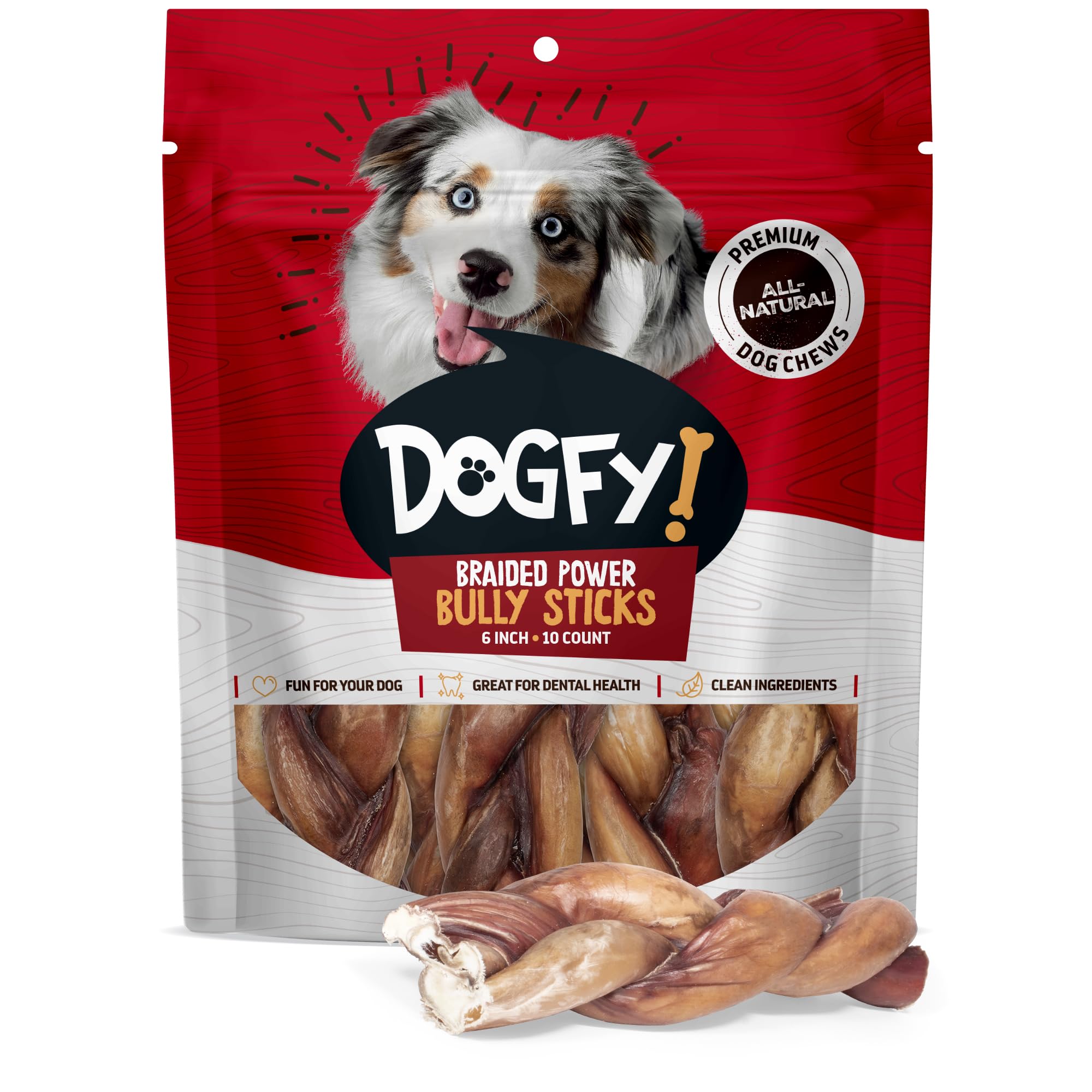 Dogfy Braided Power Bully Sticks Dog Chews (6”, 10-Pack), 2-in-1 Power Chews: Premium Beef Cheek Wrapped in Beef Pizzle, Braided Together for a Very Long Lasting Chew, Great for Medium Dogs