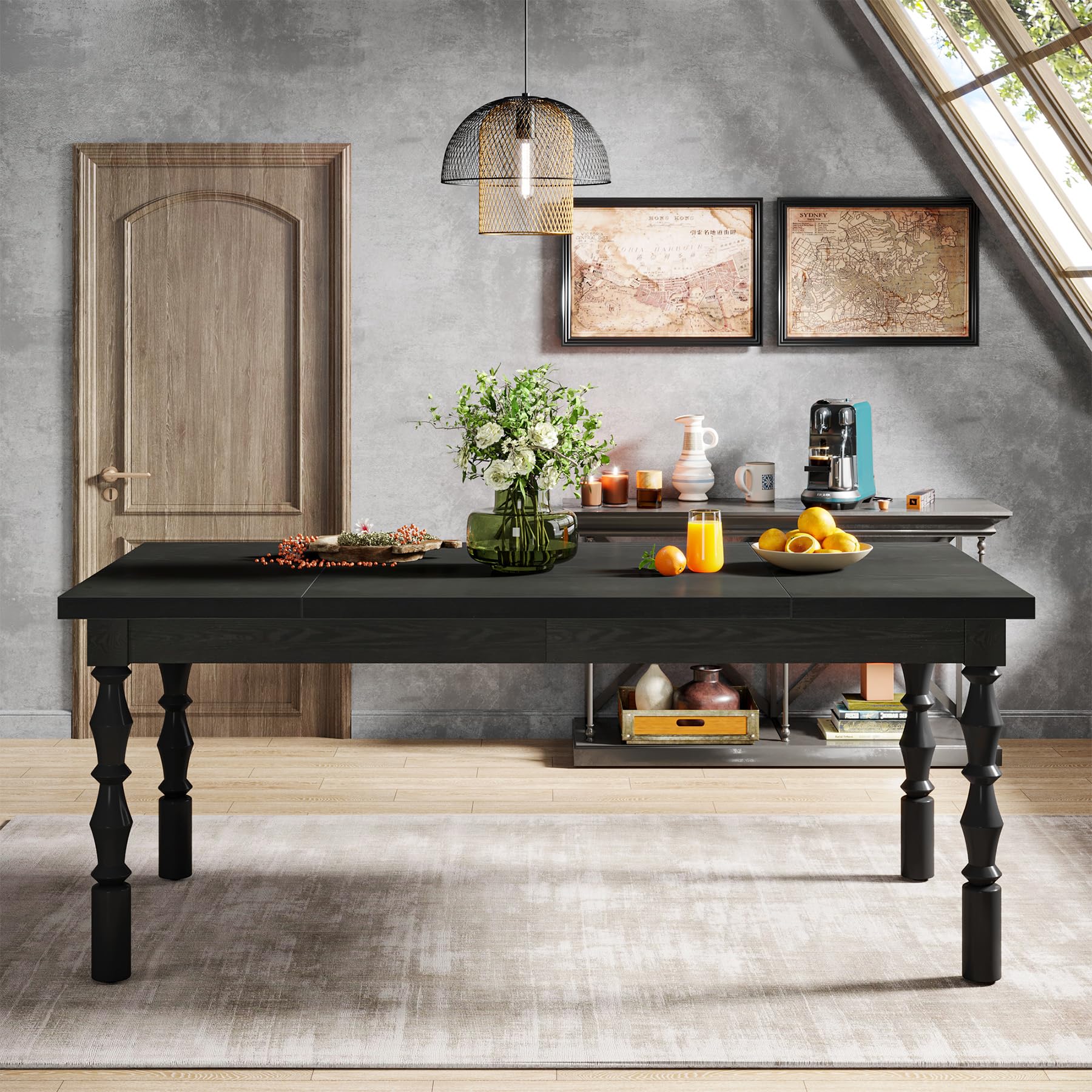 Tribesigns Wood Black Dining Table for 4-6 People, 62” Farmhouse Large Rectangle Kitchen Table, Modern Dinner Table Kitchen & Dining Room Furniture with Carved Turned Legs