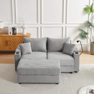 72.8" Corduroy Loveseat Sofa with Ottoman, Two USB Ports & Cup Holders, Small Couch with A Phone Holder for Living Room Bedroom Office Gray