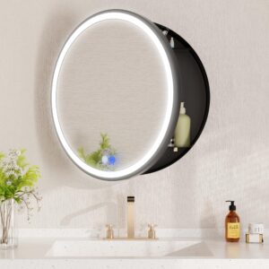 deer valley 24'' round medicine cabinet with mirror and lights, led medicine cabinet mirror for bathroom with defogger, metal framed electrical outlet, stepless dimmable, wall mounted medicine cabinet