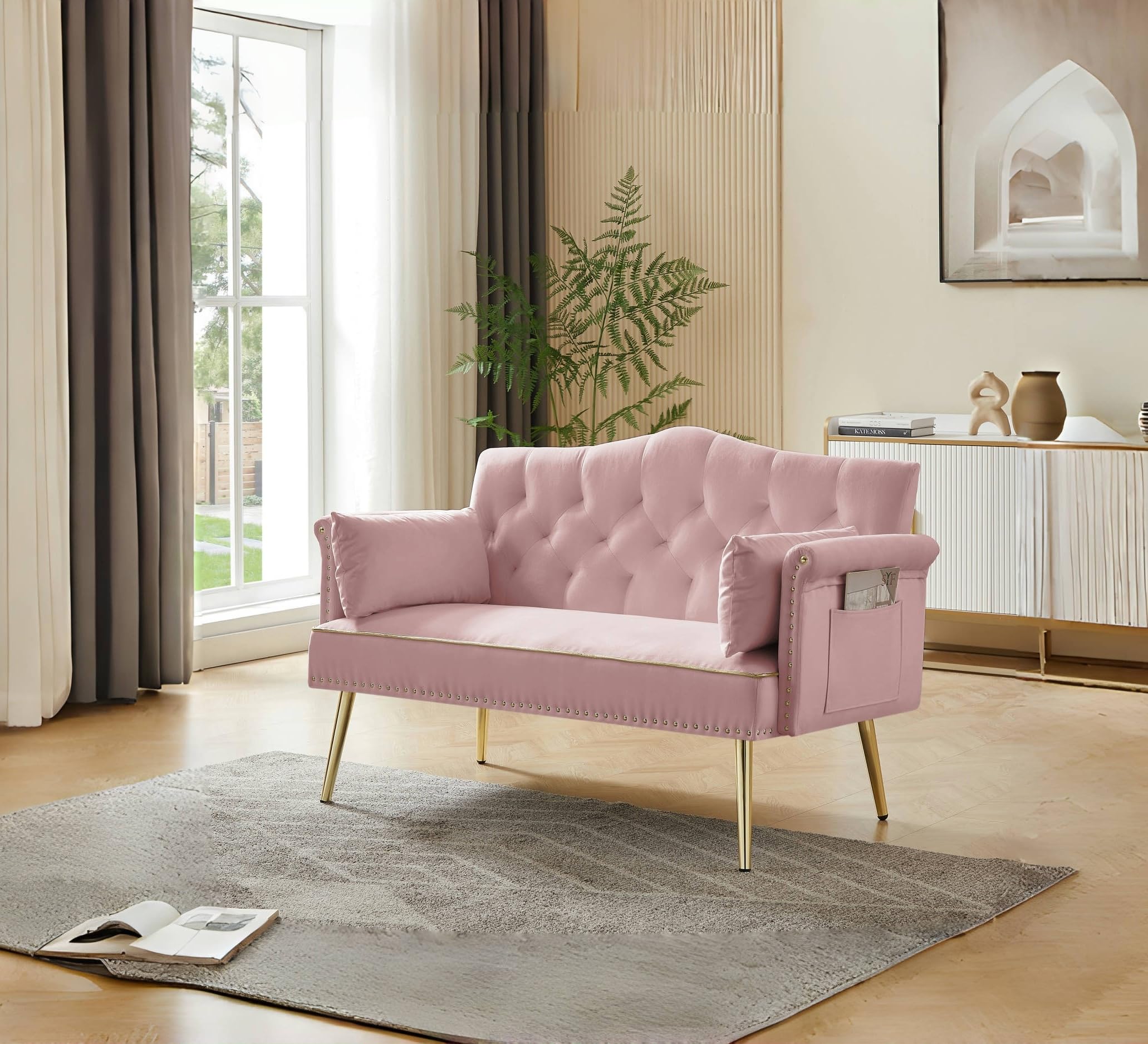 Auvsoce Upholstered Sofa Chair with Stylish Golden Decor,55-inch Modern Sofa Couch with 2 Side Pockets,Couch with Tufted Backrest for Living Room Bedroom Office (Pink)