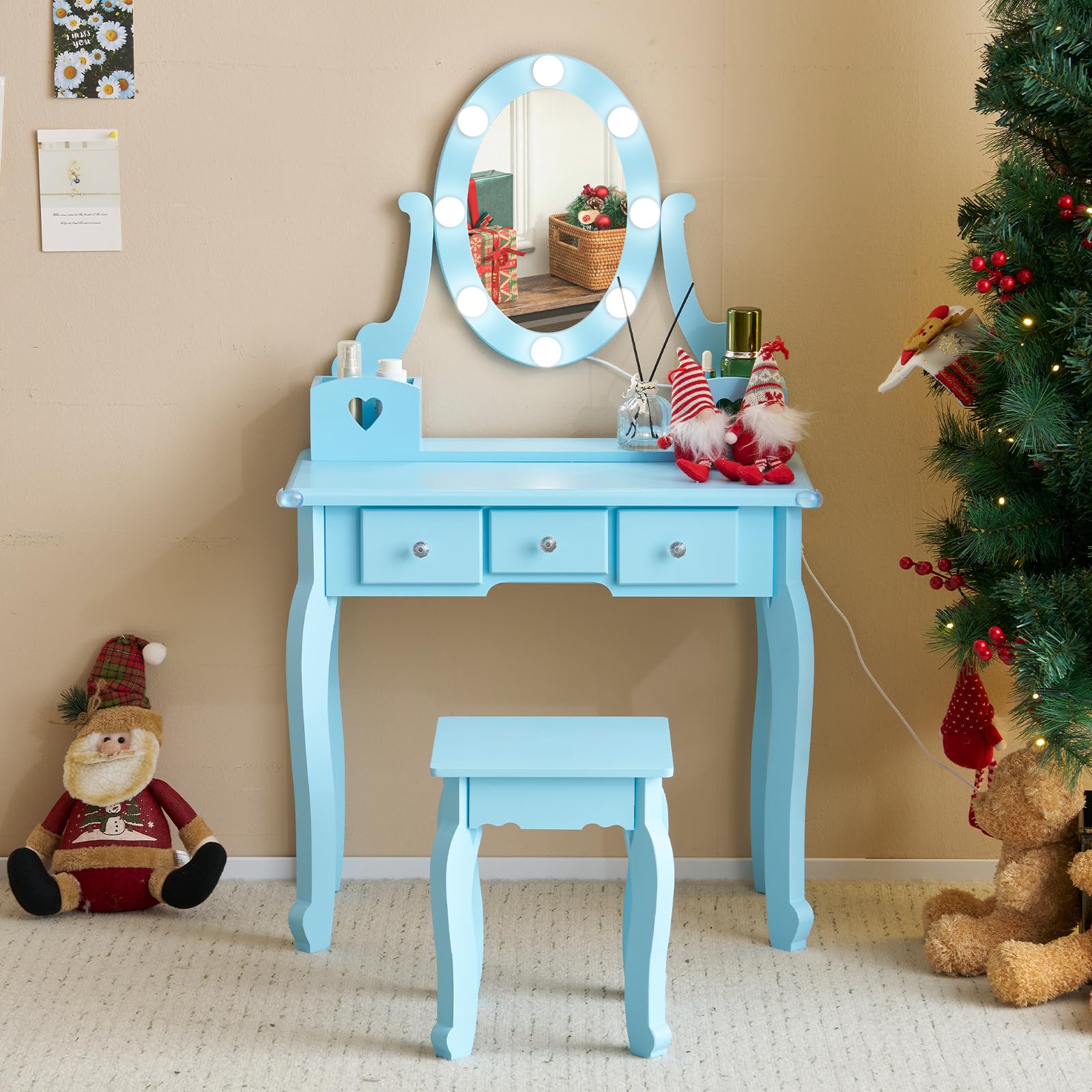 Princess Makeup Desk and Chair Set,Vanity Set with Mirror and Lights and Stool, 5 Storage Drawers, Pretend Play Princess Makeup Desk Dressing Table and Stool Set for Little Girls, Macaroon Blue