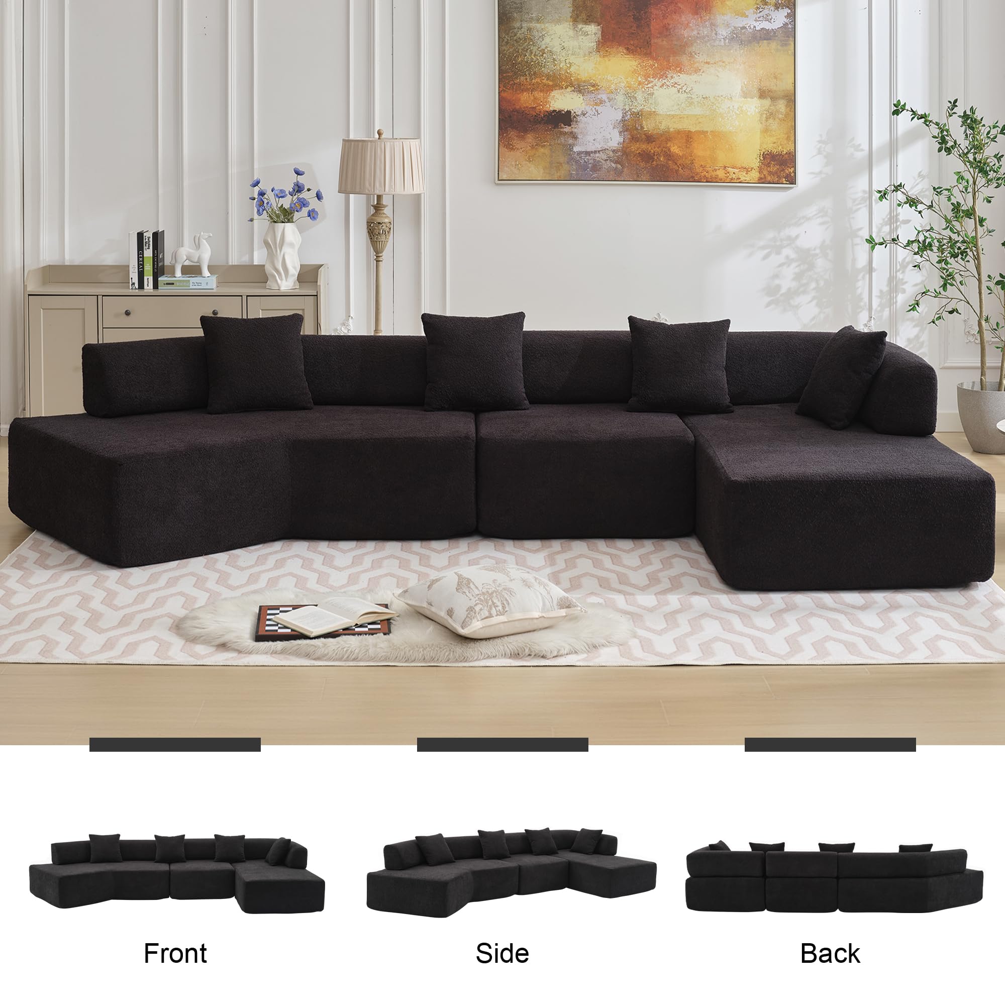 140" Oversize Sponge L-Shape Couch,Boucle Fabric 4-Seater Sofa with Chaise,Free Combination Foam-Filled Sofa for Living Room (Black, 140" Sponge Sofa)