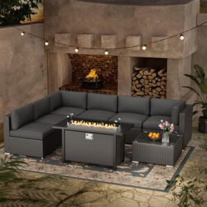 oakcloud 8-piece outdoor patio furniture sofa set with 45” propane gas fire pit table, black rattan wicker sectional conversation sets with glass top table and cushions(grey, w/fire pit table)