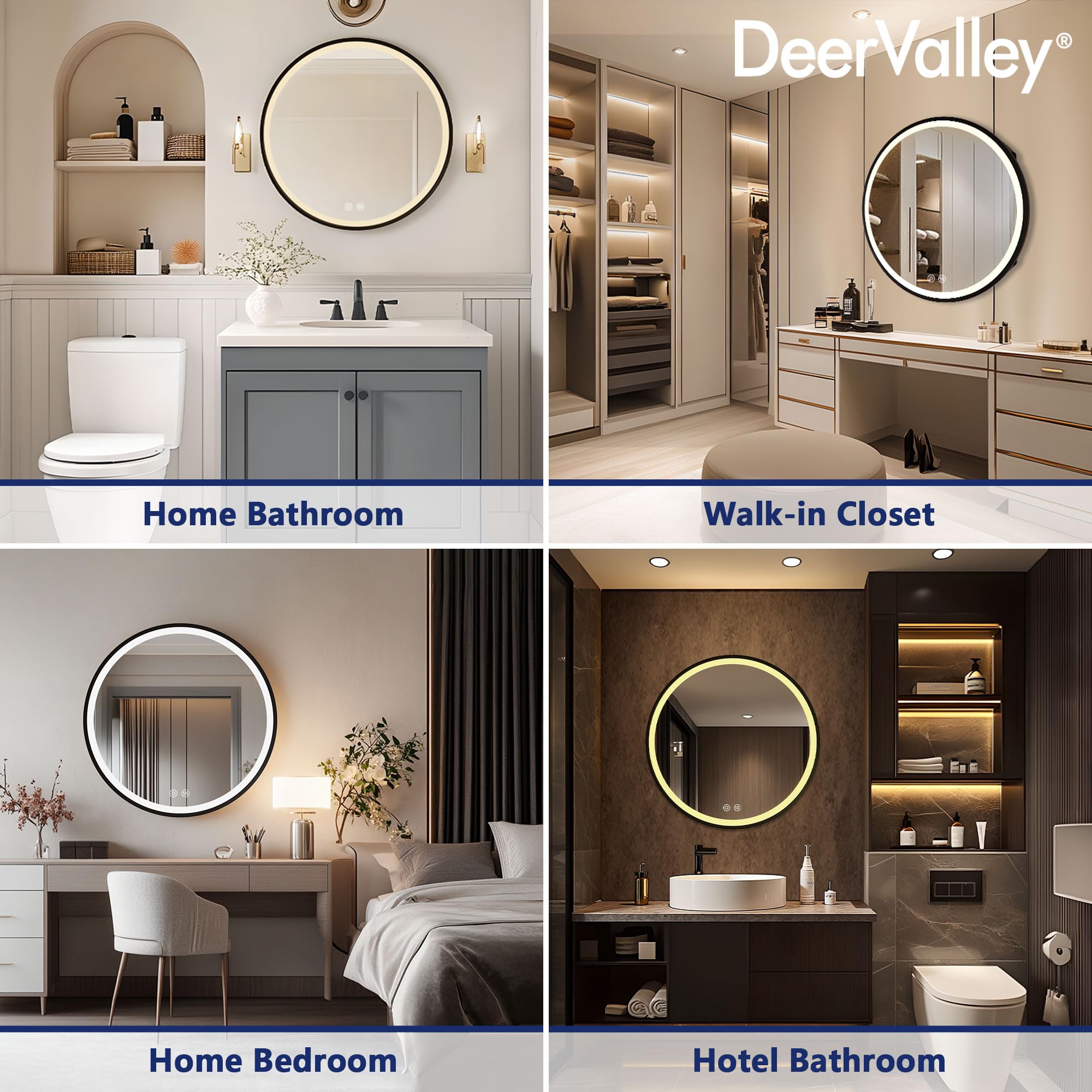 Deer Valley 24'' Round Medicine Cabinet with Mirror and Lights, Led Medicine Cabinet Mirror for Bathroom with Defogger, Metal Framed Electrical Outlet, Stepless Dimmable, Wall Mounted Medicine Cabinet