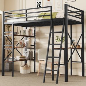 metal loft bed twin size, twin loft bed with desk and storage shelves, twin size loft bed with guardrail and ladder, heavy duty loft bed for kids, teens (twin black)