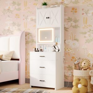 LIKIMIO Vanity Desk Set with Mirror and Light, Small Compact Makeup Vanity Desk with Drawers and Charging Station, with Hidden Storage and Comfortable Stool