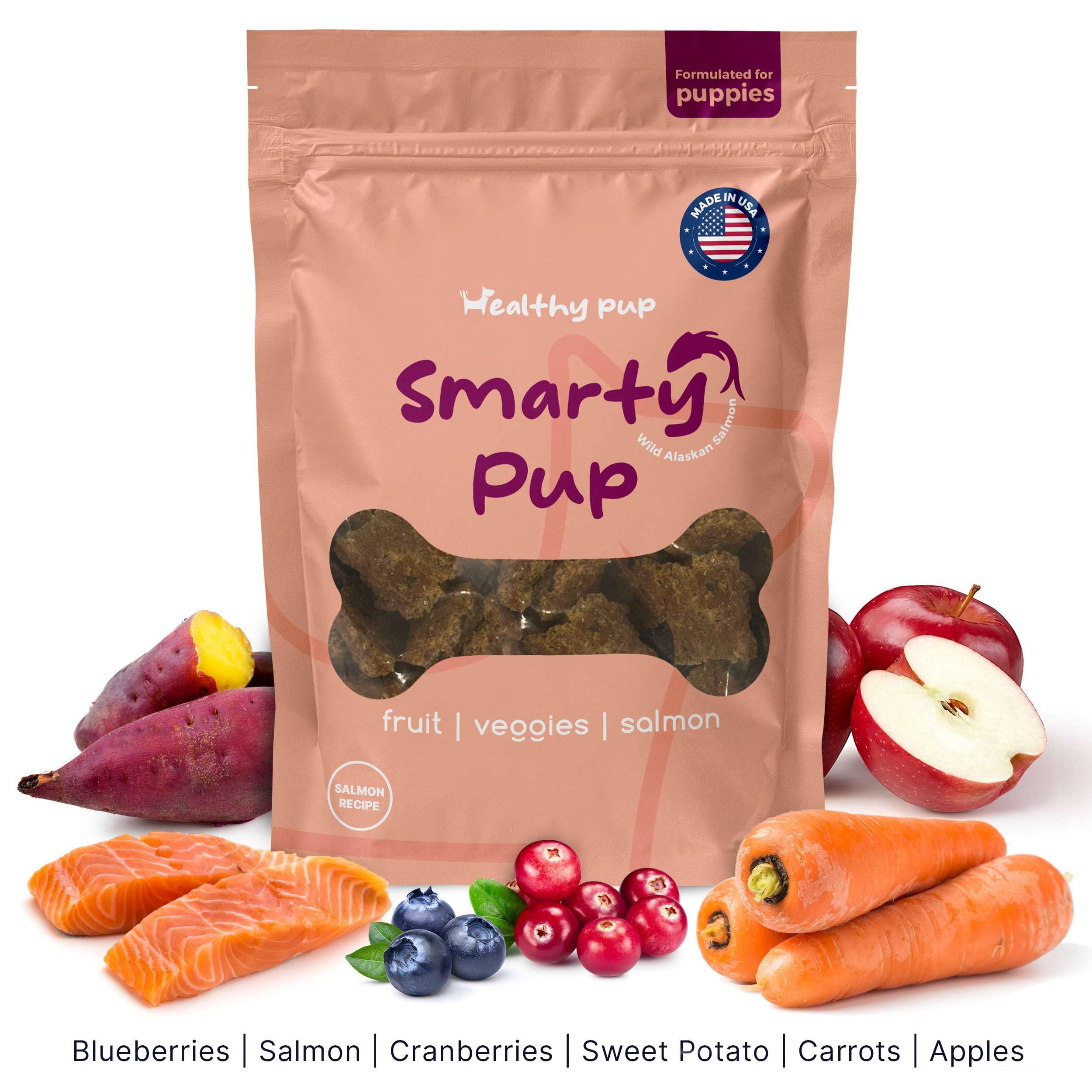 Smarty Pup Salmon Jerky - 5 oz of Fruit, Veggies, and Salmon Dog Treats – Puppy Jerky Made with Apples, Carrots, Sweet Potato, Wild Alaskan Salmon, Blueberries, Cranberries, and More