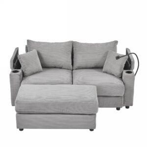 72.8" Corduroy Loveseat Sofa with Ottoman, Two USB Ports & Cup Holders, Small Couch with A Phone Holder for Living Room Bedroom Office Gray