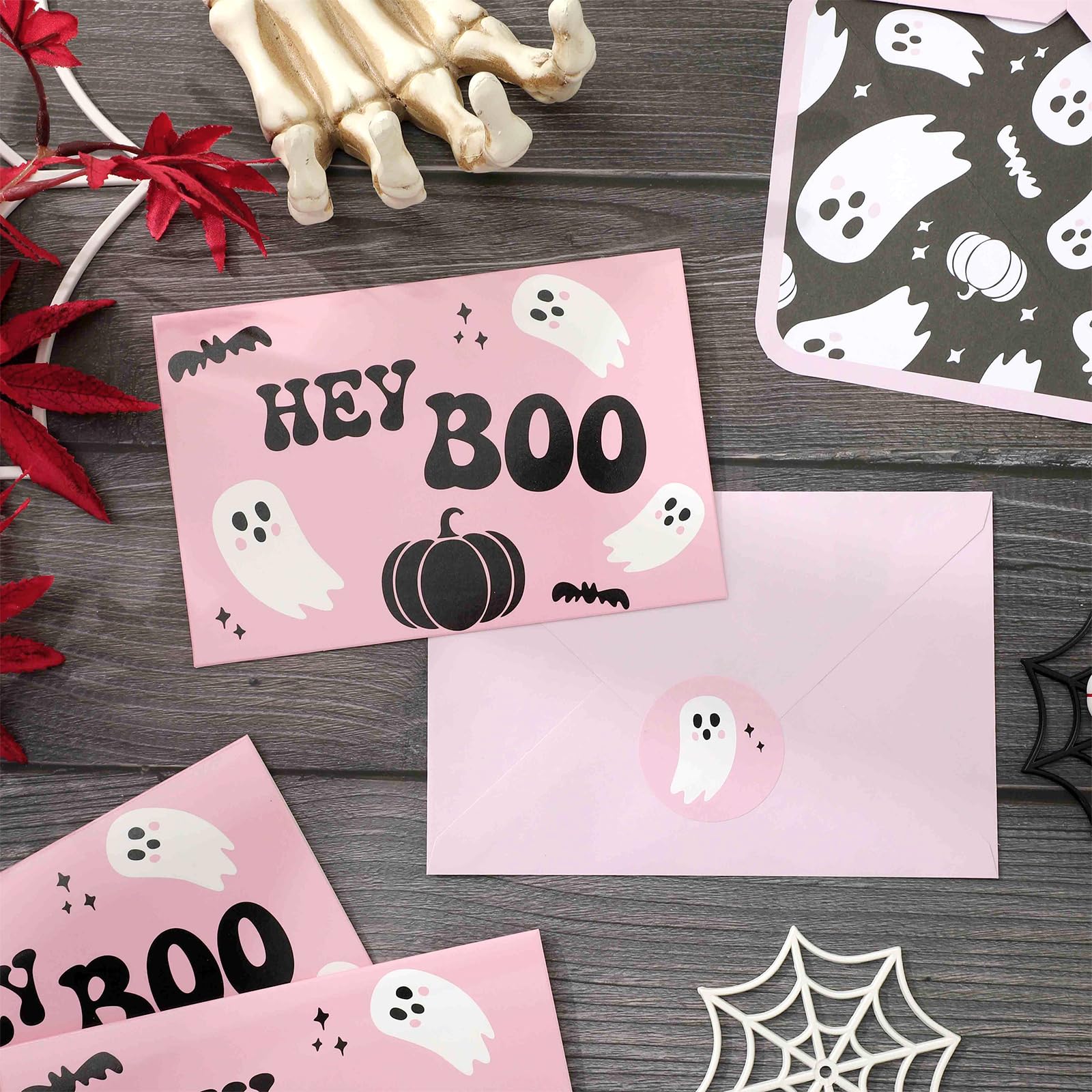 Whaline 24Pcs Halloween Ghost Thank You Cards with Envelopes and Stickers Pink Black Ghost Pumpkin Greeting Cards Little Boo Blank Note Cards for Party Supplies