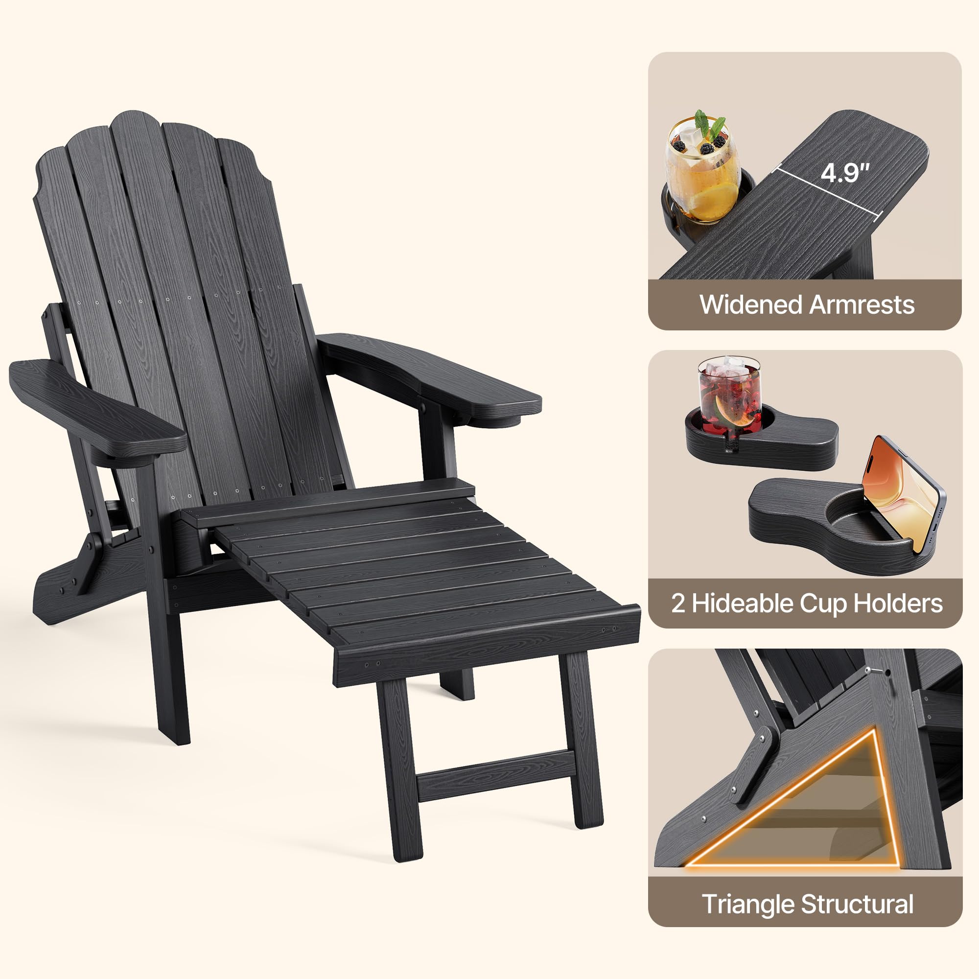 Ahomly Adjustable Backrest Adirondack Chair with Ottoman & 2 Cup Holders, HIPS All-Weather Folding Adjustable Adirondack Chair, for Outdoor, Beach, Pool, Porch, Lawn, Black