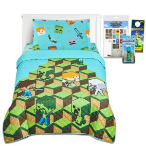 minecraft twin bedding set for kids - bundle with minecraft bedspread, flat sheet, fitted sheet, and pillowcase for twin bed plus posters, phone wallet, more | minecraft bedroom decor