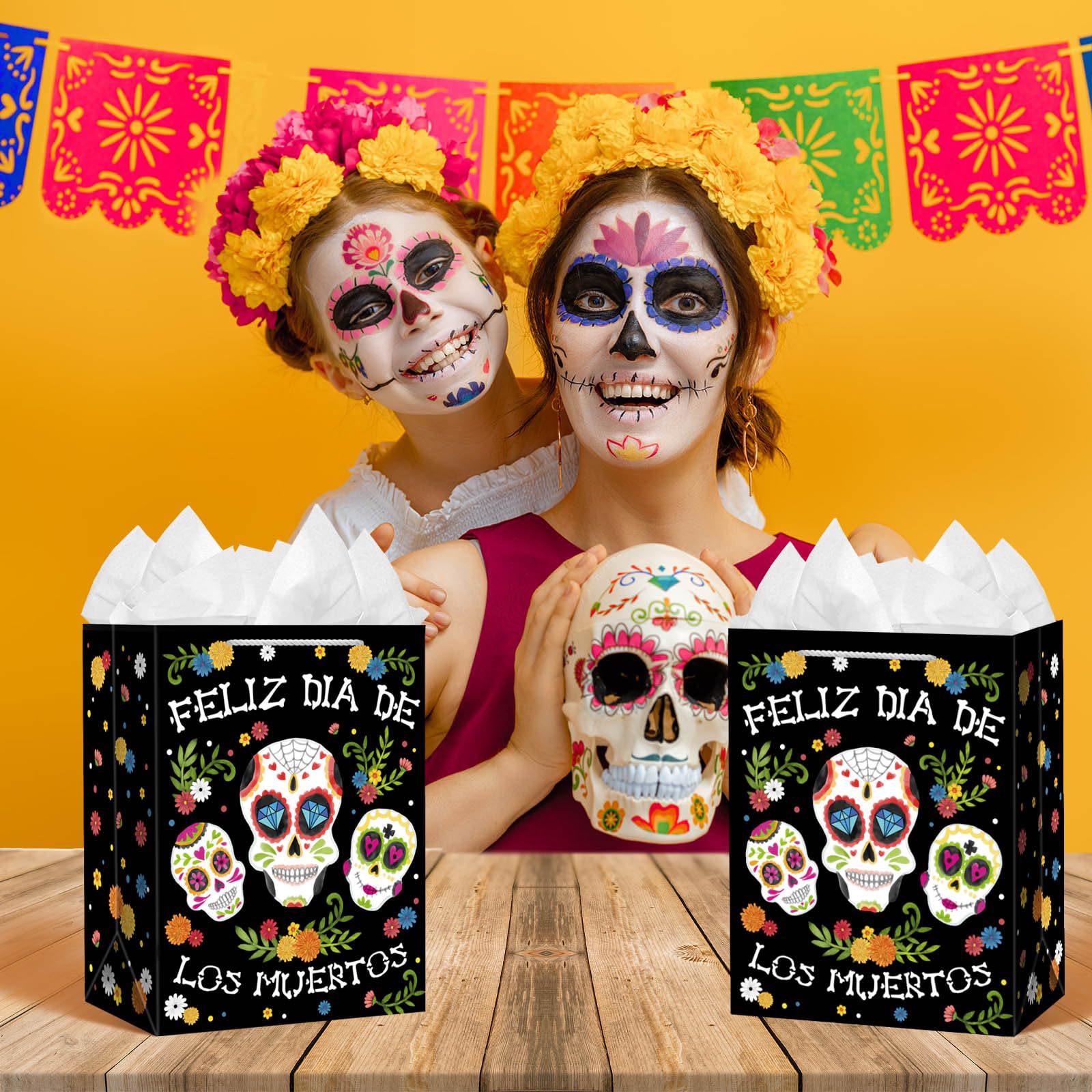 JUESMOS Day of The Dead Gift Bags with Tissue Paper Halloween Treat Bags Sugar Skull Day of The Dead Party Paper Bags Goodie Bags for Day of The Dead Party Favors Decorations Mexican Fiesta Supplies