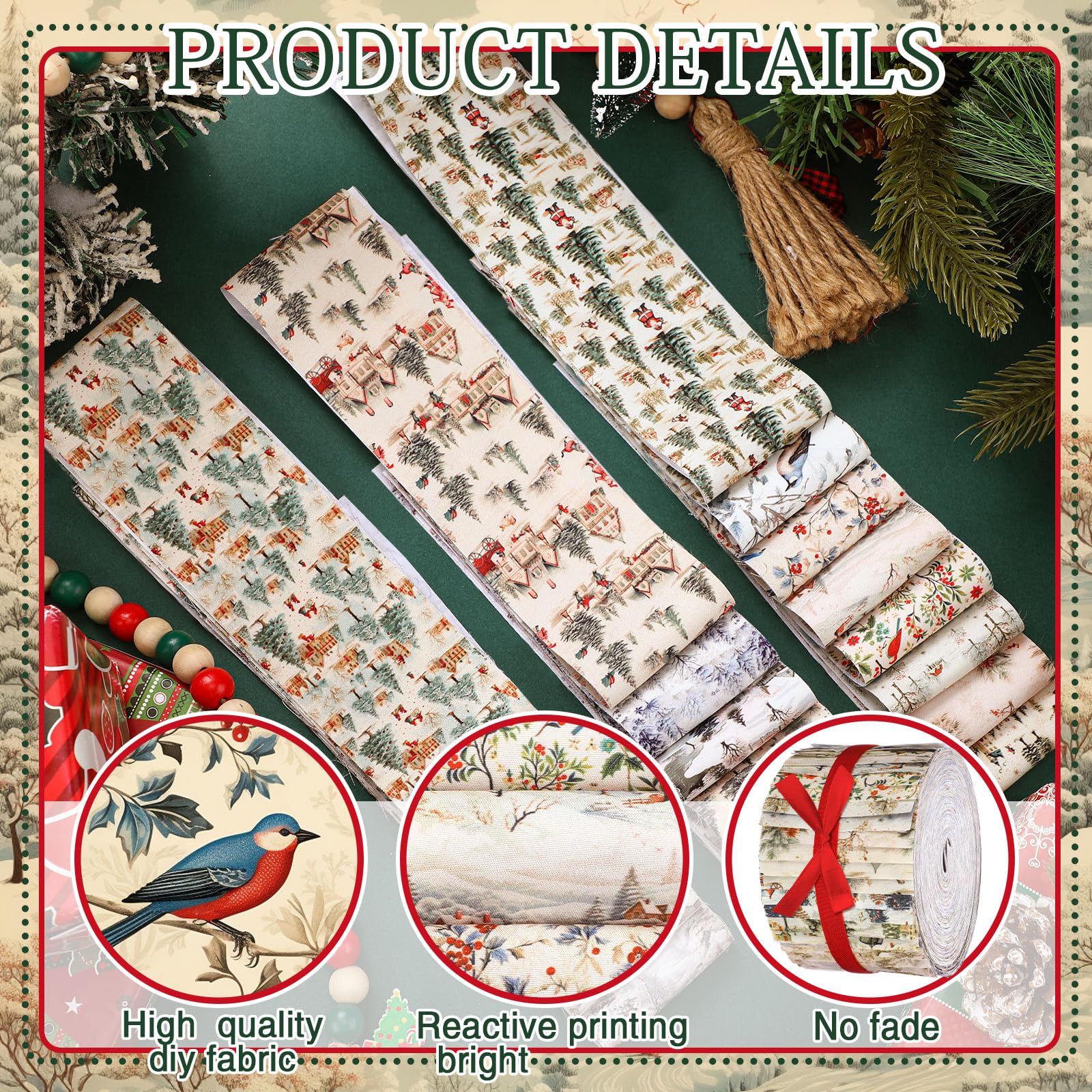 Fanfanwin 40 Pcs Vintage Christmas Quilting Fabric Jelly Fabric Squares Patchwork Roll 2.56 Inch Precut Xmas Tree Snowflake Fabric Strips for Xmas Craft Sewing DIY