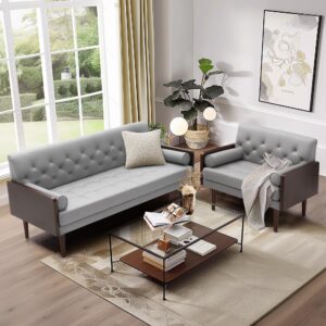 PATIOHIT Faux Leather Couch Modern 72" Sofa Couch with 2 Bolster Pillows Mid Century Modern Upholstered Loveseat Chair for Living Room Apartment Office(Grey)