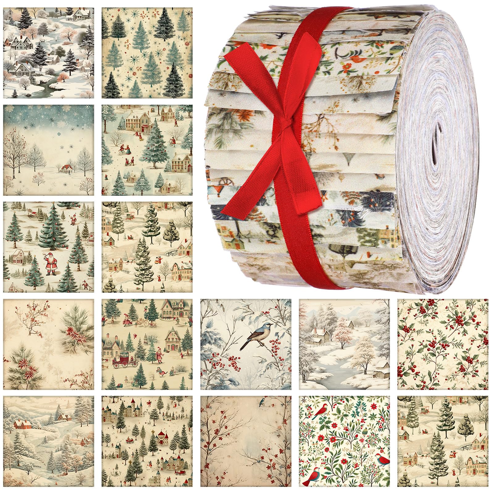 Fanfanwin 40 Pcs Vintage Christmas Quilting Fabric Jelly Fabric Squares Patchwork Roll 2.56 Inch Precut Xmas Tree Snowflake Fabric Strips for Xmas Craft Sewing DIY