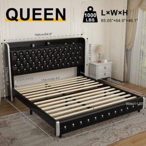 Queen Modern Wingback Upholstered Platform Bed Frame with Galaxy Projector, LED Bed Frame, Sturdy Noise Free Design, Headboard with Star Accents, Easy Assembly, No Box Spring Needed, PU Black