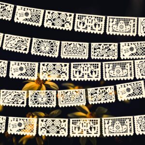 Ivory Papel Picado Banners (Plastic) Fiesta Decorations for Weddings, Bridal Shower, Engagement, Birthday, Baby Shower, Mexican Party Banner, Garland, Bunting, Streamer 3 Pack