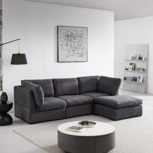 ball & cast 99" modular sectional sofa filled with down, l shaped comfy 3 seater couch with removable ottoman for living room,apartment,office,dark grey