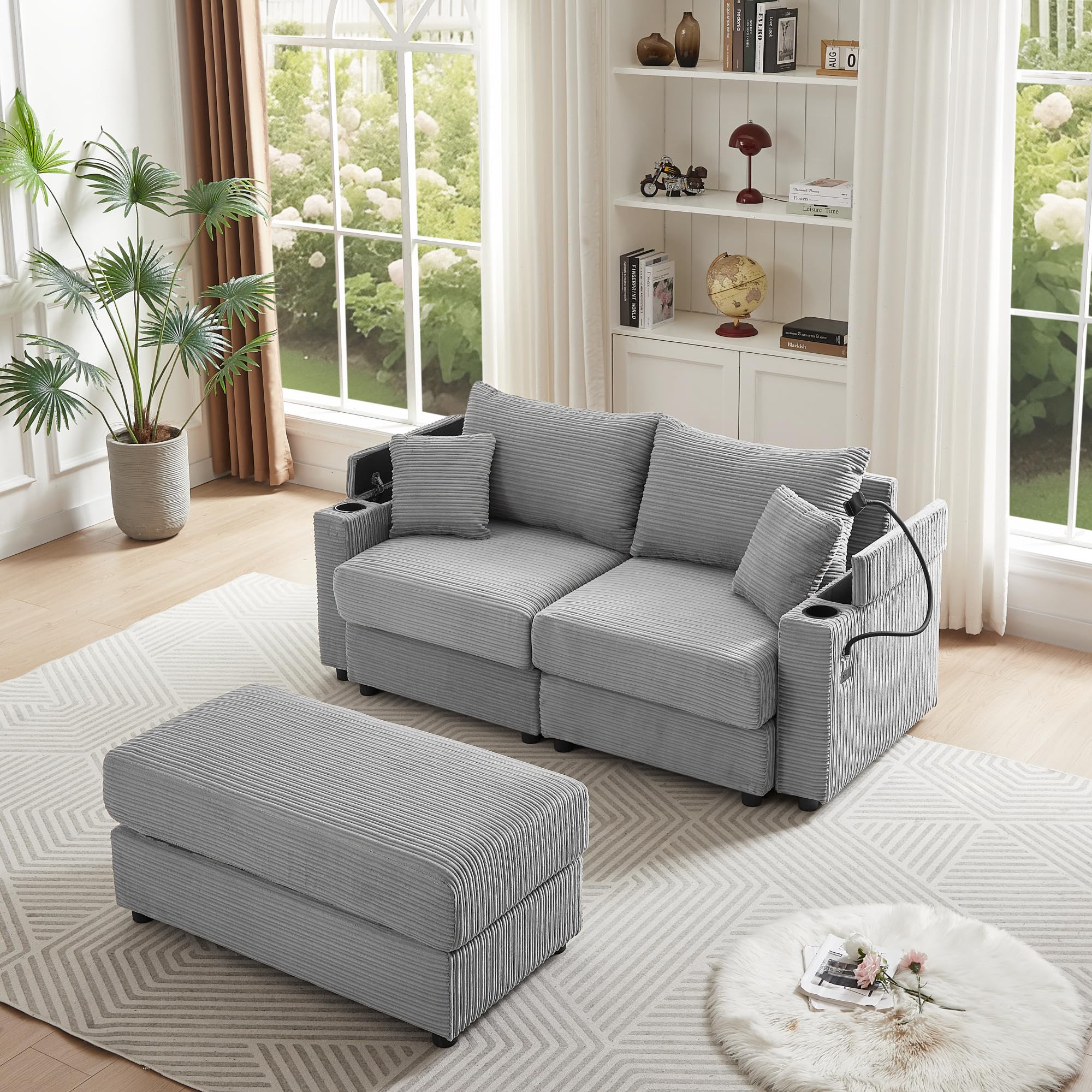 72.8" Corduroy Loveseat Sofa with Ottoman, Two USB Ports & Cup Holders, Small Couch with A Phone Holder for Living Room Bedroom Office Gray