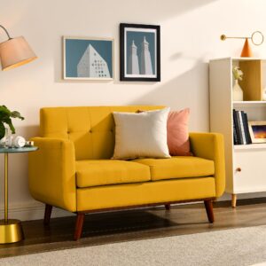 chunly lovesat sofa, 53" mid century modern love seat couches for small spaces, bedroom and living room, button tufted upholstered small loveseat sofa for office, apartment (yellow)