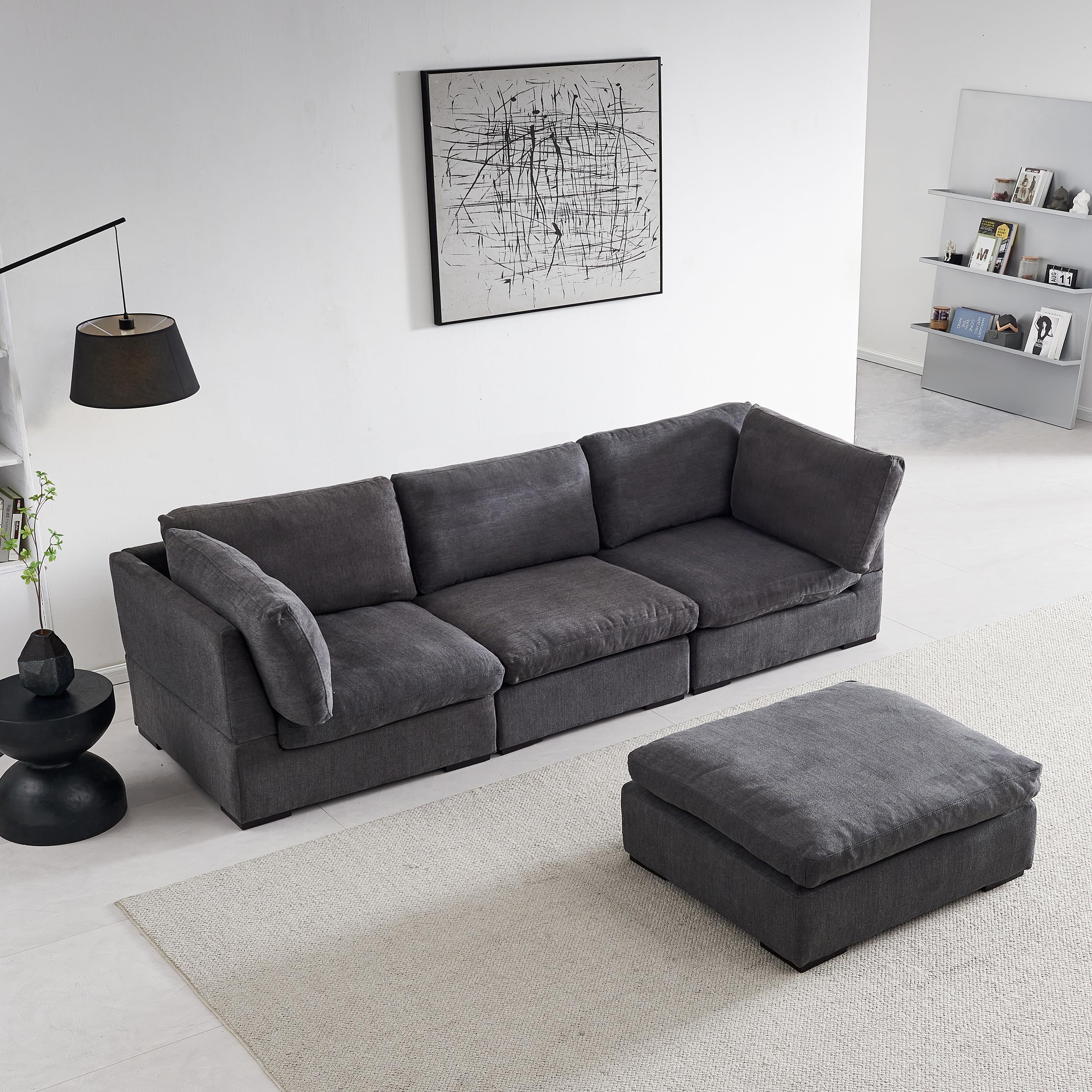 Ball & Cast 99" Modular Sectional Sofa Filled with Down, L Shaped Comfy 3 Seater Couch with Removable Ottoman for Living Room,Apartment,Office,Dark Grey