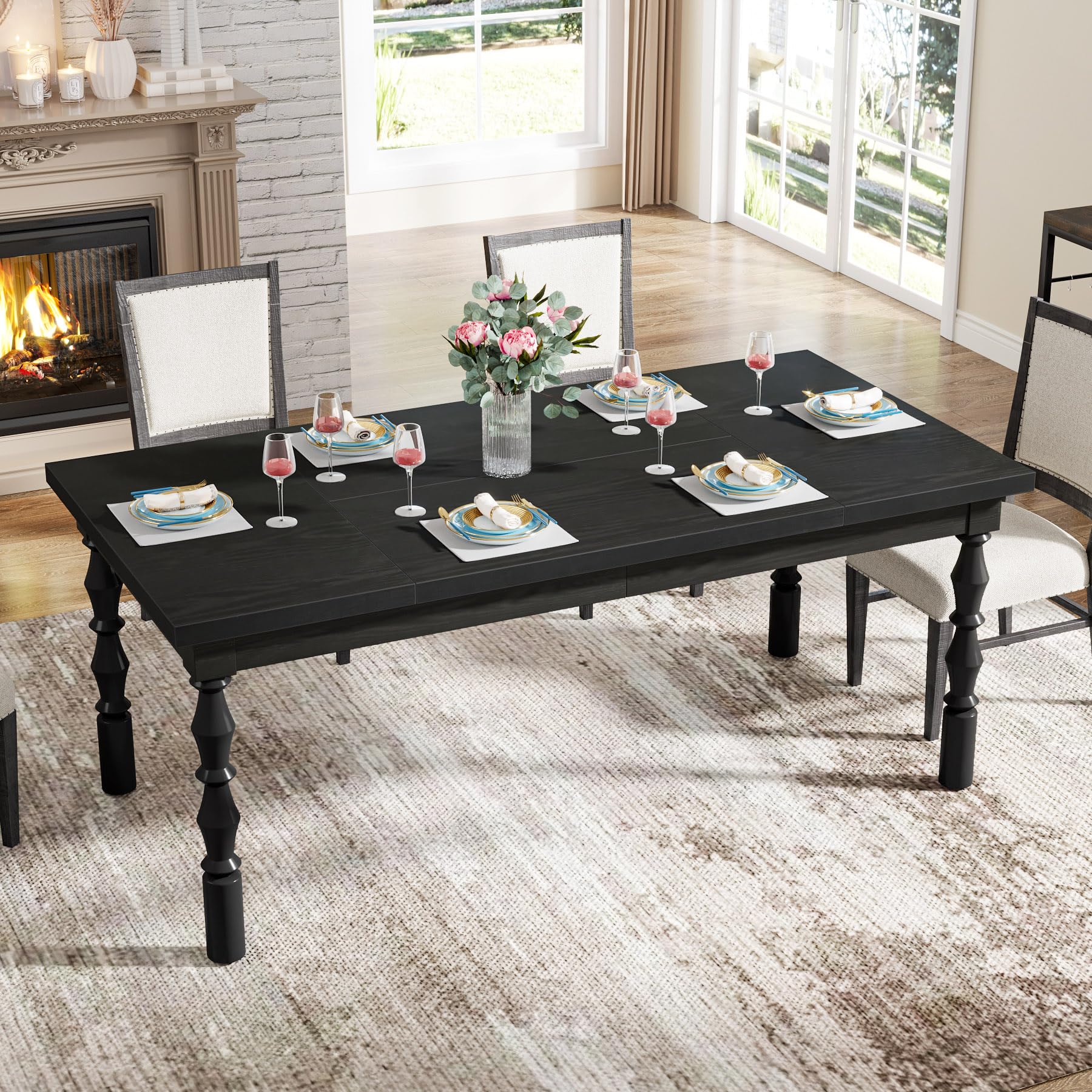 Tribesigns Wood Black Dining Table for 4-6 People, 62” Farmhouse Large Rectangle Kitchen Table, Modern Dinner Table Kitchen & Dining Room Furniture with Carved Turned Legs