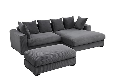 Oversized 3-Piece Right Facing Sectional Sofa Couches W/Ottoman for Living Room, 109.75-Inch L Shaped Corduroy Upholstered Convertible Sofa&Couch with Left Chaise Daybed and 6 Pillows