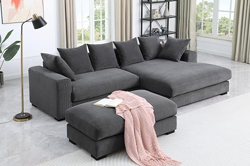 Oversized 3-Piece Right Facing Sectional Sofa Couches W/Ottoman for Living Room, 109.75-Inch L Shaped Corduroy Upholstered Convertible Sofa&Couch with Left Chaise Daybed and 6 Pillows