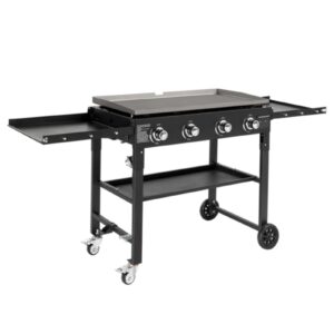 commercial griddle on cart, 36" heavy duty manual flat top griddle, outdoor cooking station with side shelves, steel natural gas griddle, 4-burners restaurant portable grill