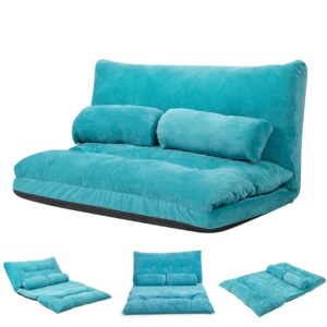 moccha convertible floor sofa bed, 6-position adjustable folding sleeper bed lazy sofa with 2 pillows & corduroy fabric, foldable sofa couch recliner for reading, gaming, sleeping, playing, turquoise