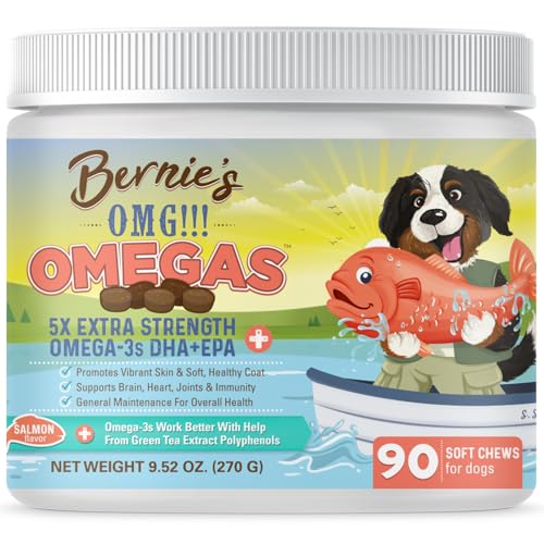 Bernie’s OMG!!! Omegas 5X Extra Strength Omega-3s DHA+EPA, Chews with Fish Oil for Dogs, Ultimate Skin & Coat, Works as Dog Allergy Chews, Dog Calming Chews, Joint Supplement. (Salmon)