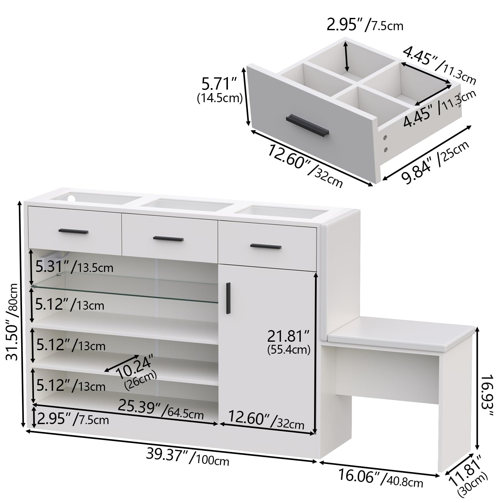 Wardrobe Armoire Closet with Charging & LED Light,Walk-in Closet Island Dresser with Glass Showcase,3 Drawers & Doors, Modern Storage Display Cabinet with Bench for Bedroom,Fitting Room & Shops（White）