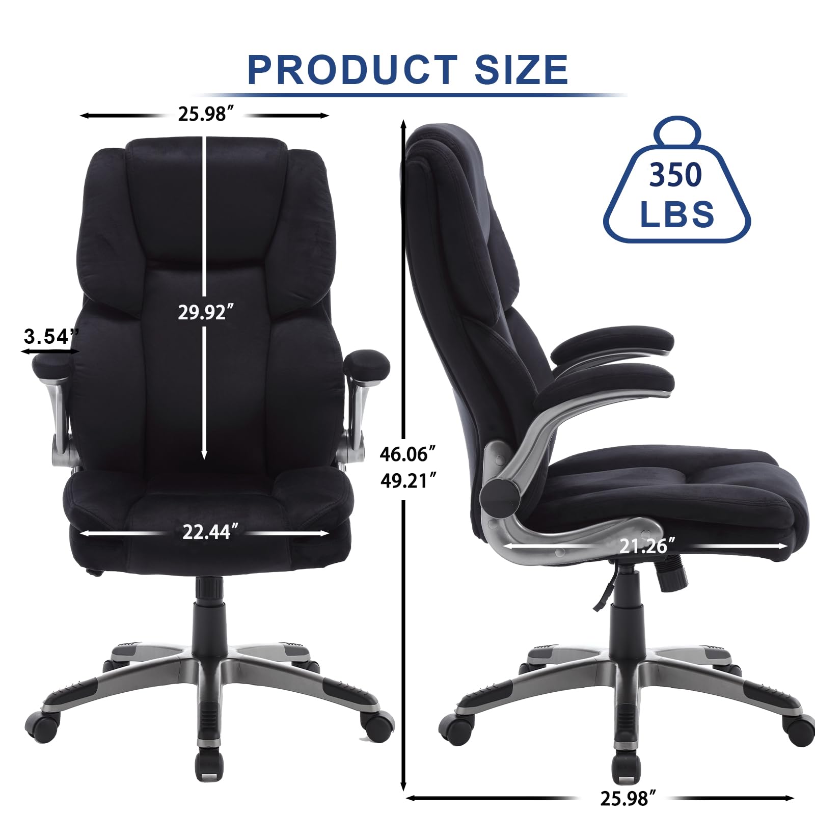 KCREAM Velvet Office Chair,Fabric Excutive Office Chair with Flip up Arms,High Back Ergonomic Office Chair Home Office Desk Task Chair Adjustable Swivel Chair with Wheels & Rocking Function,Black