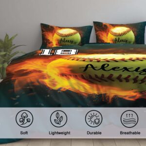 OHWILD Softball Bedding Set Twin Size, Custom Name & Number Softball Bedding Set & Pillow Cover for Bedroom Girls Decorations Super Warm Fire Softball Ball Comforter Set Queen (SOFTBALL-DS11)