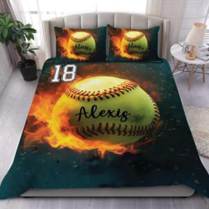 ohwild softball bedding set twin size, custom name & number softball bedding set & pillow cover for bedroom girls decorations super warm fire softball ball comforter set queen (softball-ds11)