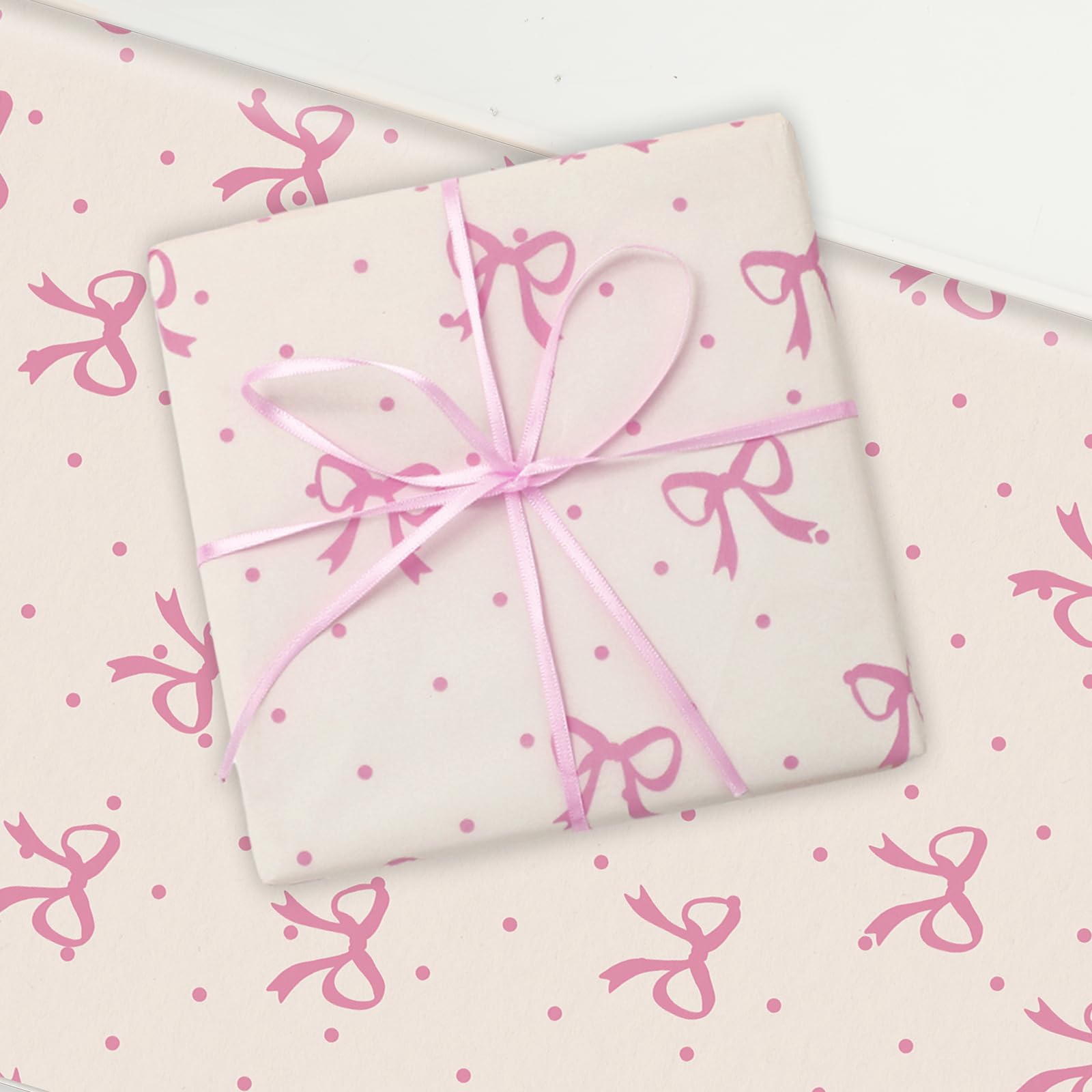 JarThenaAMCS 60 Sheets Pink Bow Tissue Paper Cute Bow Knot Dot Gift Wrapping Paper Decorative Art Paper for Coquette Birthday Baby Shower Party DIY Crafts, 14 x 20 Inch