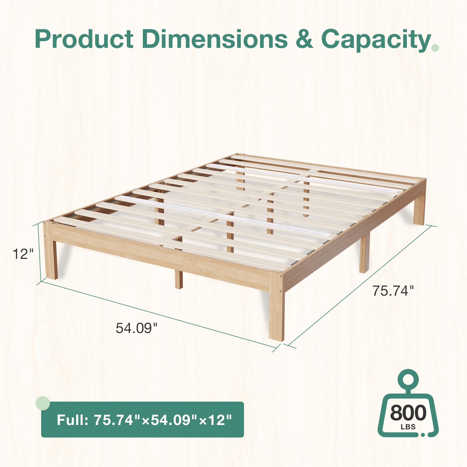 Novilla 12 Inch Wooden Full Size Bed Frame, Classic Solid Wood Platform Bed Frame Full Size, Sturdy Wood Slat Support, No Box Spring Needed, Easy Assembly