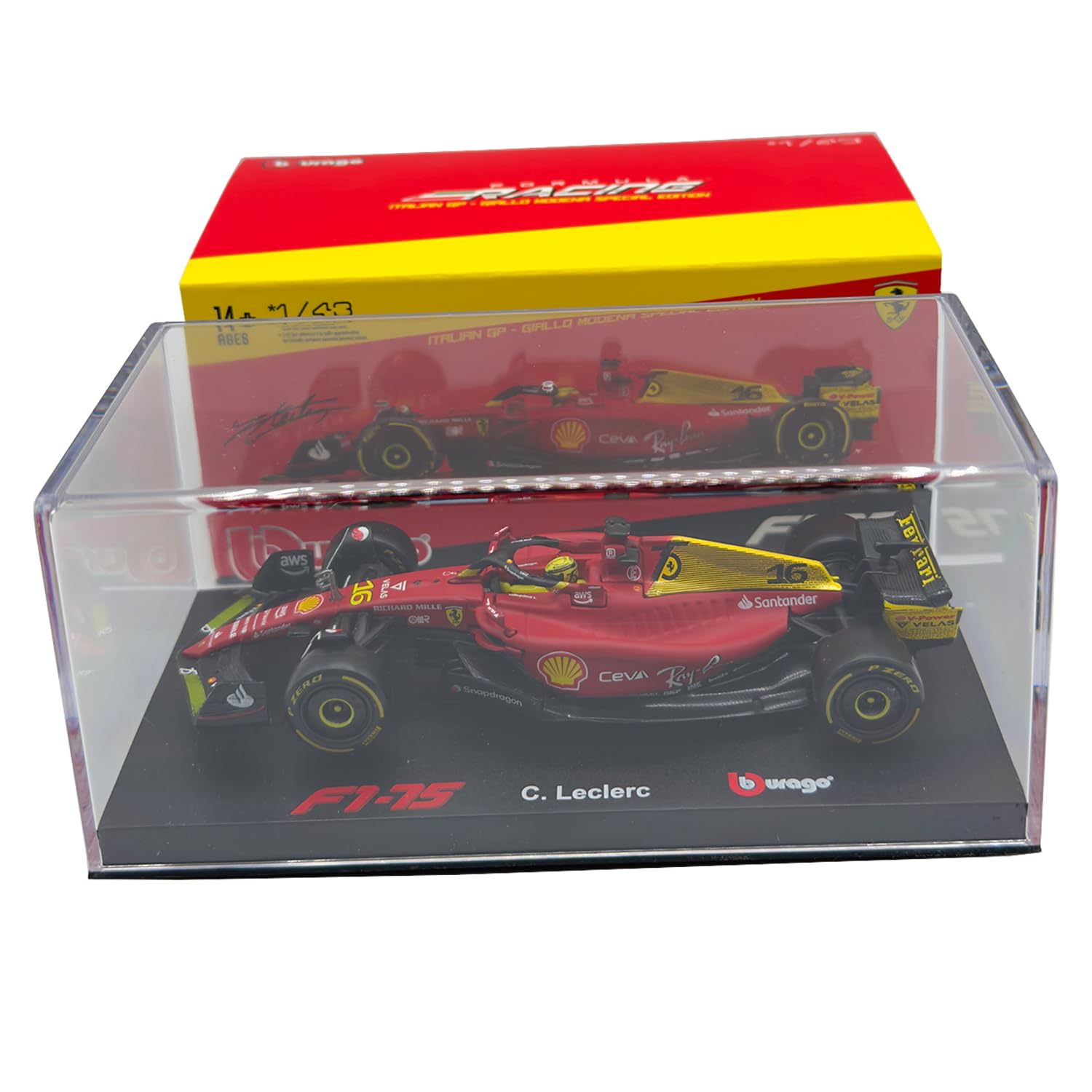 Bburago 1/43 - Scuderia Ferrari F1 Team F1-75 Signature w/Helmet Die cast Adults Model Car Display F1 Monza GP Italy Collection (#16 Charles Leclerc)