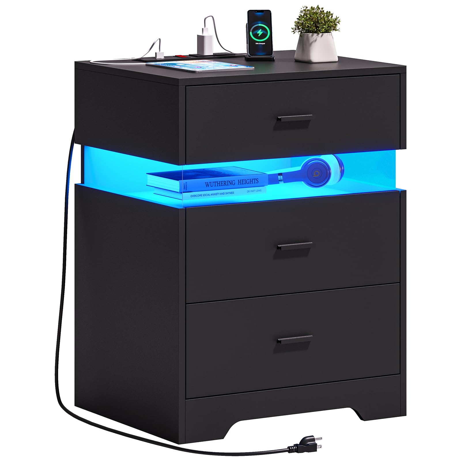 Hasuit Black Night Stand Set of 2 with LED Lights and Charging Station, Modern Nightstand with 3 Drawers, Bedside Tables/End Table for Bedroom