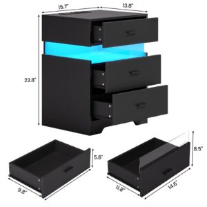 Hasuit Black Night Stand Set of 2 with LED Lights and Charging Station, Modern Nightstand with 3 Drawers, Bedside Tables/End Table for Bedroom